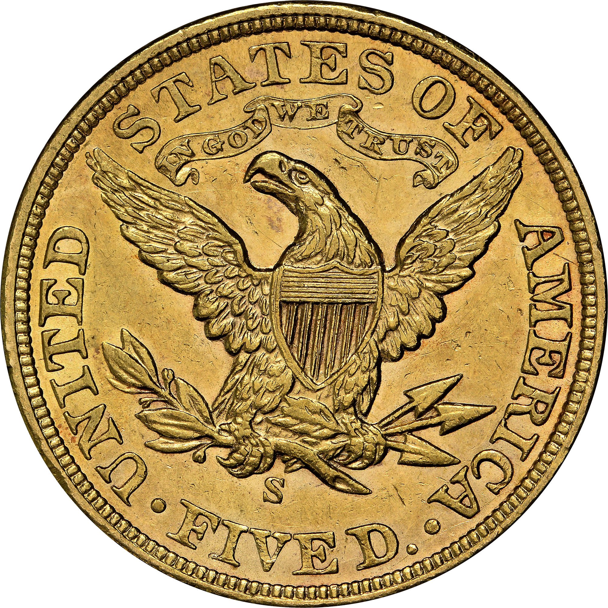 1905-S 5 Dollar Gold AU58 NGC - Coin And Note